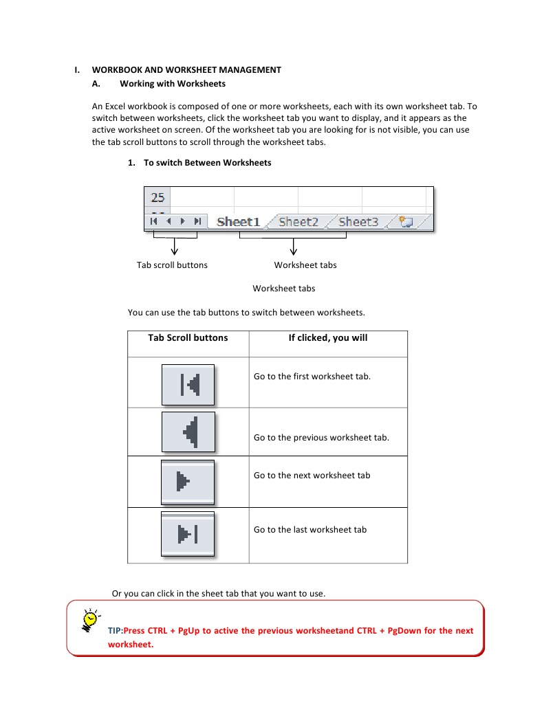 I. Workbook and Worksheet Management A. Working With Worksheets | PDF | Tab (Gui) | Chart