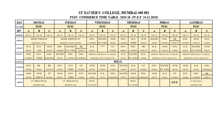 Fyjc New Commerce Time Table (w.e.f 24.11.25) | PDF