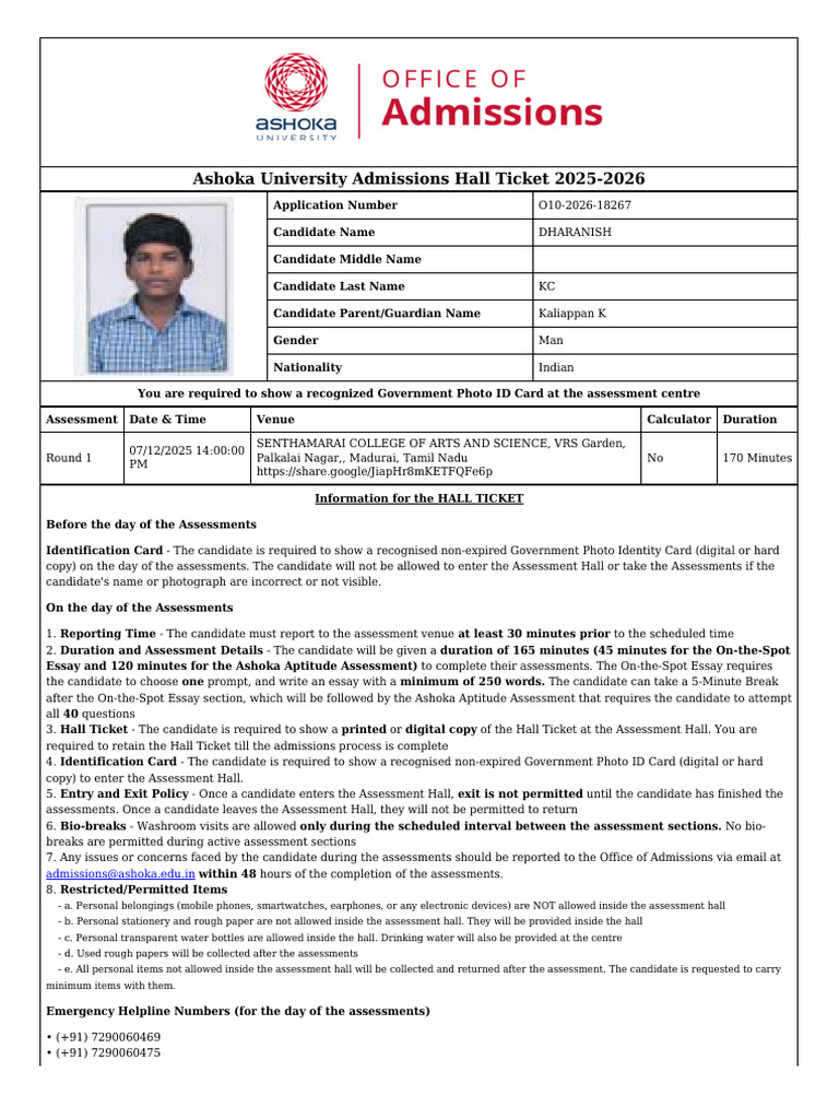 Dharanish K C Ashoka Hall Ticket | PDF | Identity Document