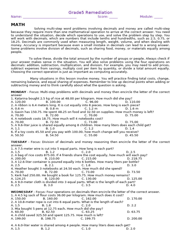 Q4W1Remediation Math | PDF | Multiplication | Decimal