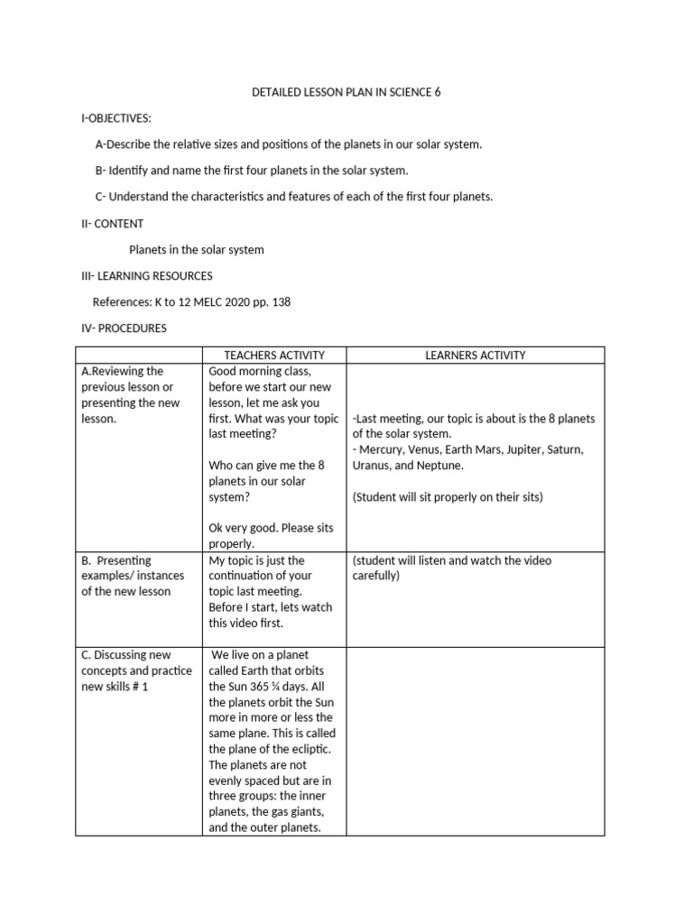 Detailed Lesson Plan in Science 6 | PDF | Planets | Solar System