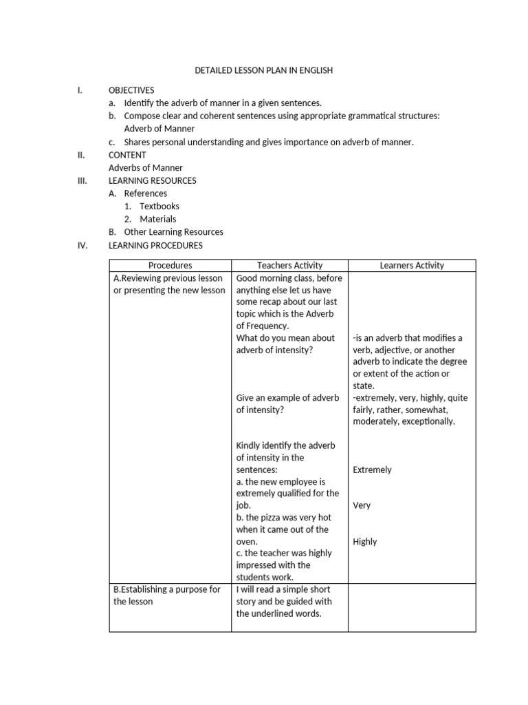 Detailed Lesson Plan in English 6 | PDF | Adverb | Verb