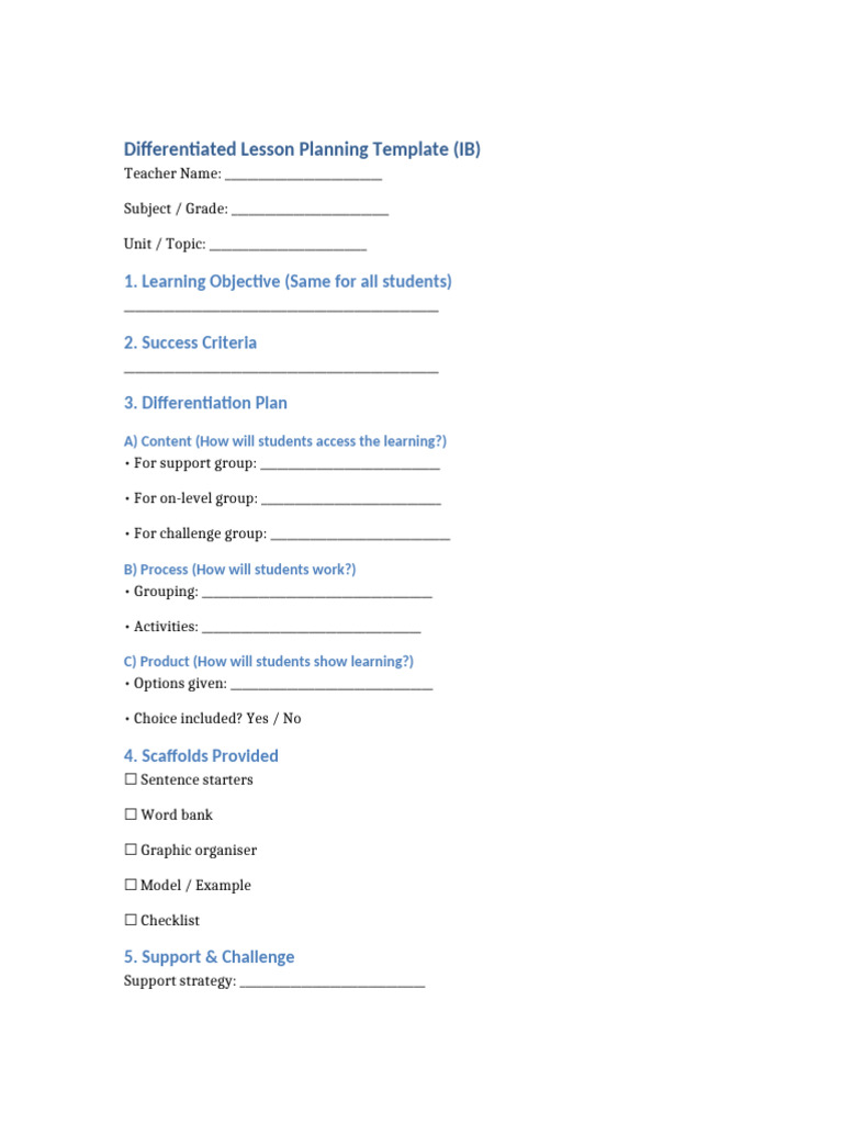 Differentiation Teacher Planning Template | PDF