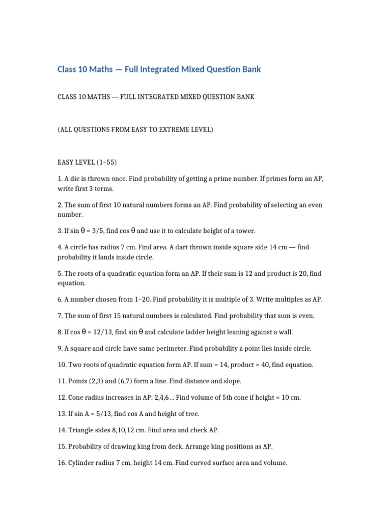 Class10 All Integrated Maths Questions | PDF | Area | Sphere