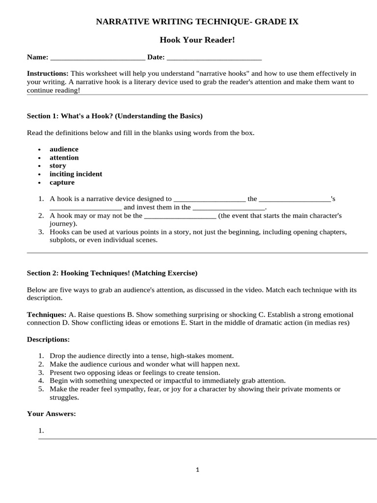 Narrative Writing Technique - Hook - g9 | PDF