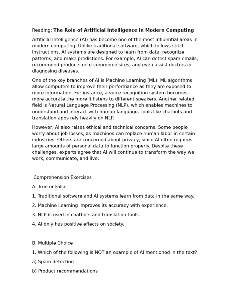 The Role of Technology Comprehension Exercises | PDF