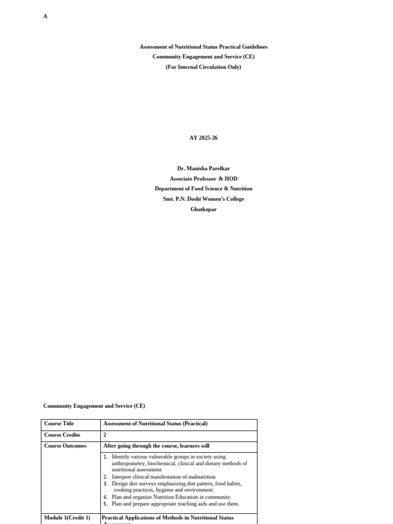 Manual On Assessment of Nutritional Status Practical | PDF ...