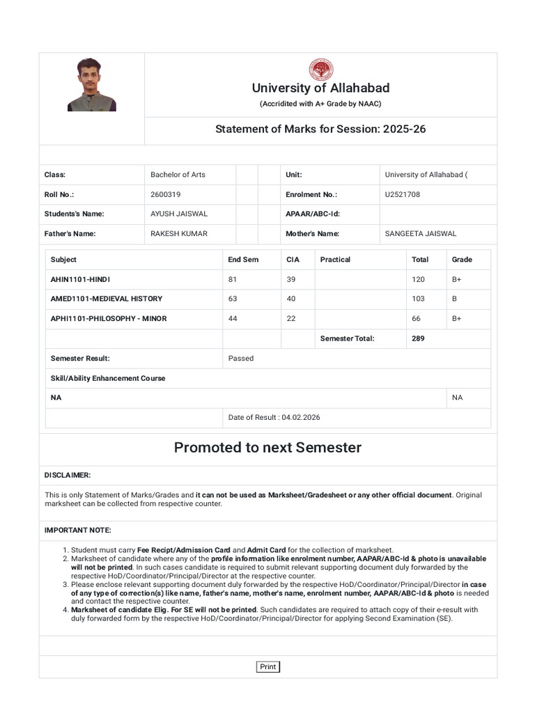 Statement of Marks - University of Allahabad | PDF | Educational Stages