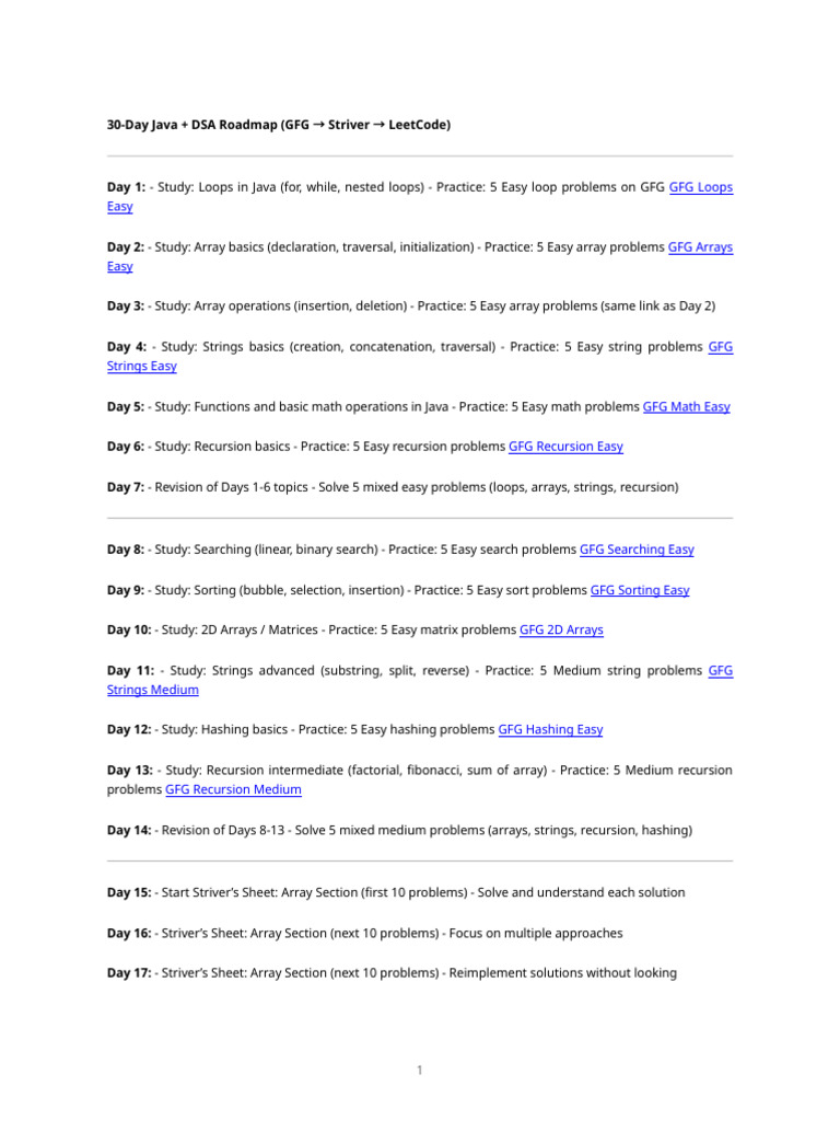 Java Dsa 30day Roadmap | PDF | String (Computer Science) | Applied ...