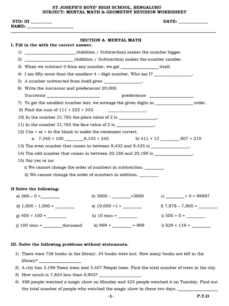 STD 3 - Mental Math & Geometry Holiday Revision Worksheet - 2025 | PDF ...