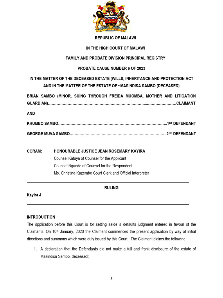 Probate Cause No 6 of 2023 - Brian Sambo Vs Khumbo Sambo & George Muva ...