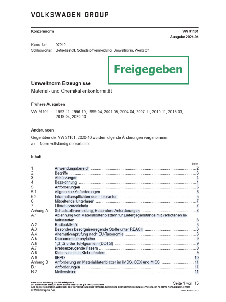 VW 91101 04-2024 Umweltnorm - Schadstoffe | PDF