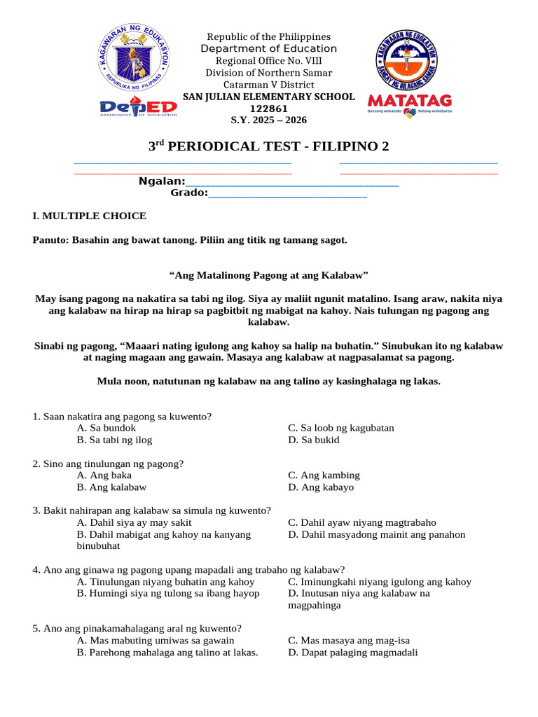 DTC - PT - Q3 FILIPINO 2 MATATAG With TOS KEY | PDF