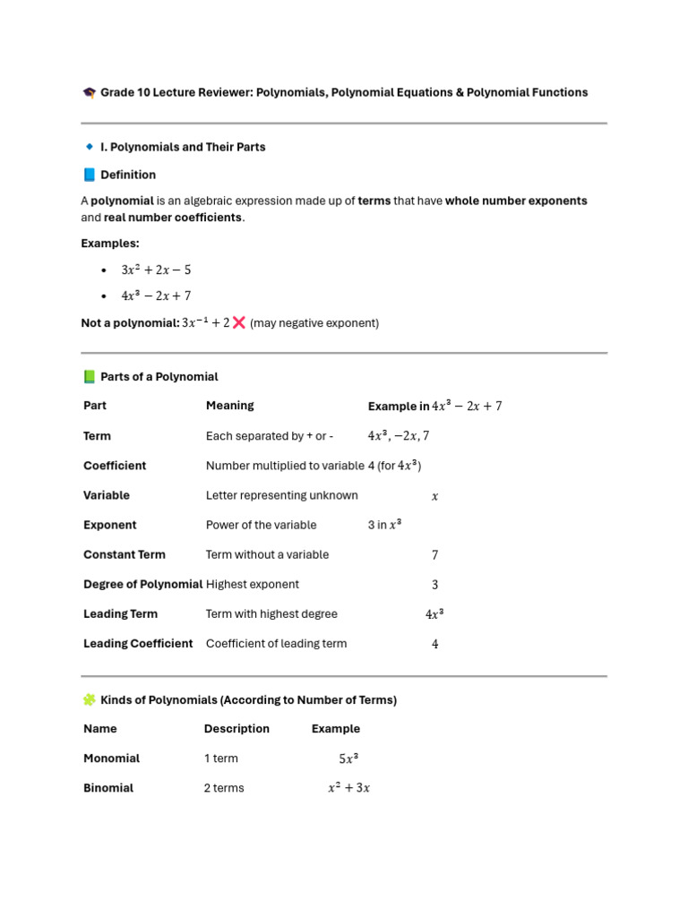 Grade 10 Math Reviewer.2QE | PDF | Polynomial | Factorization