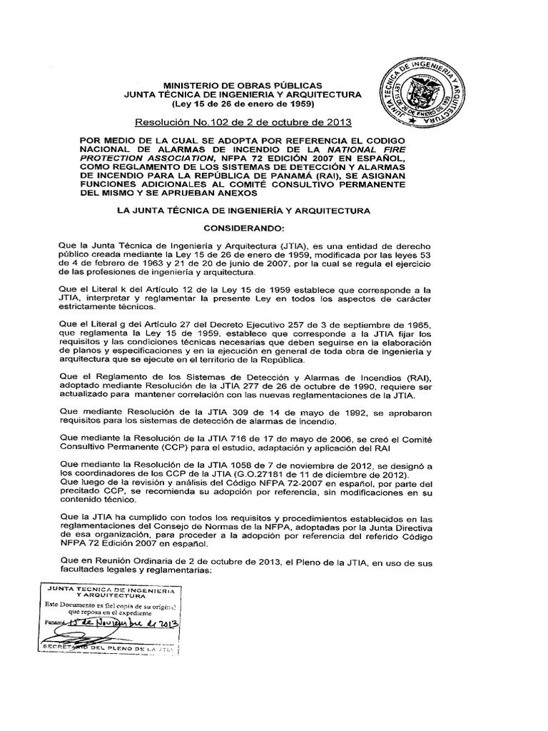 Resol. JTIA-102 02 oct 2013 - archivo_104 adopción NFPA 72 2007 español ...