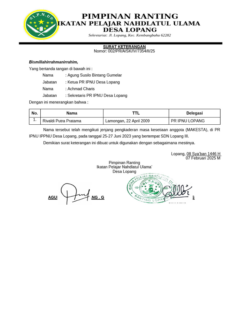 Surat Keterangan Makesta PR IPNU LOPANG | PDF