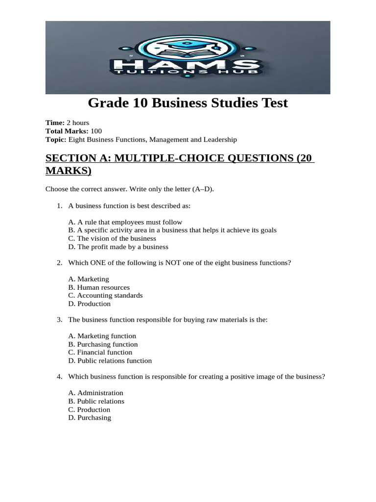 Grade 10 Business Studies Test Natz | PDF | Business | Bakery