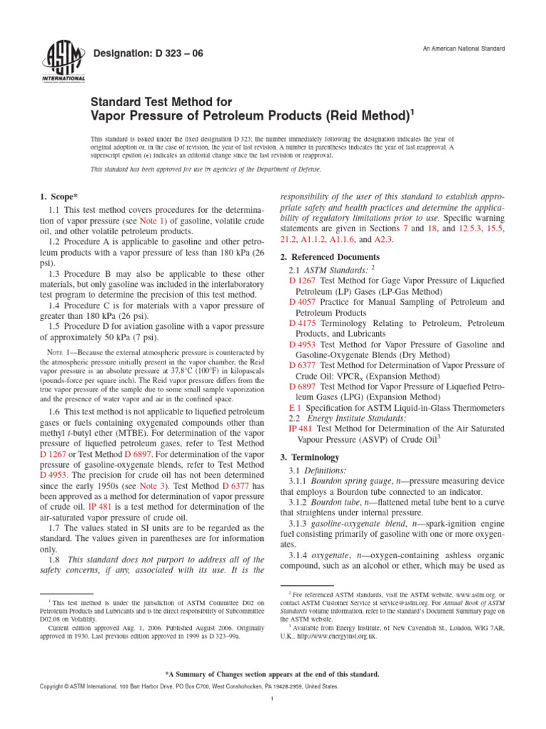 D 323-06 Standard Test Method for Vapor Pressure of Petroleum Products ...