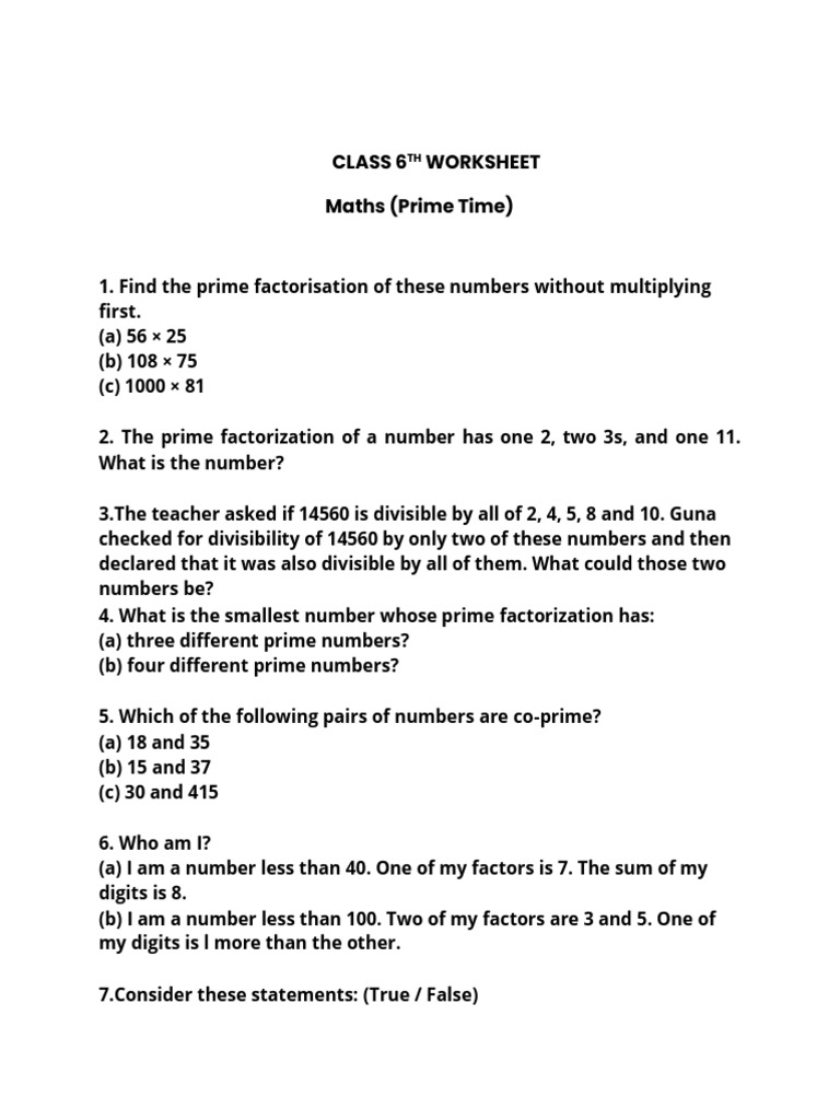 Maths Class6 Worksheet Prime Time | PDF