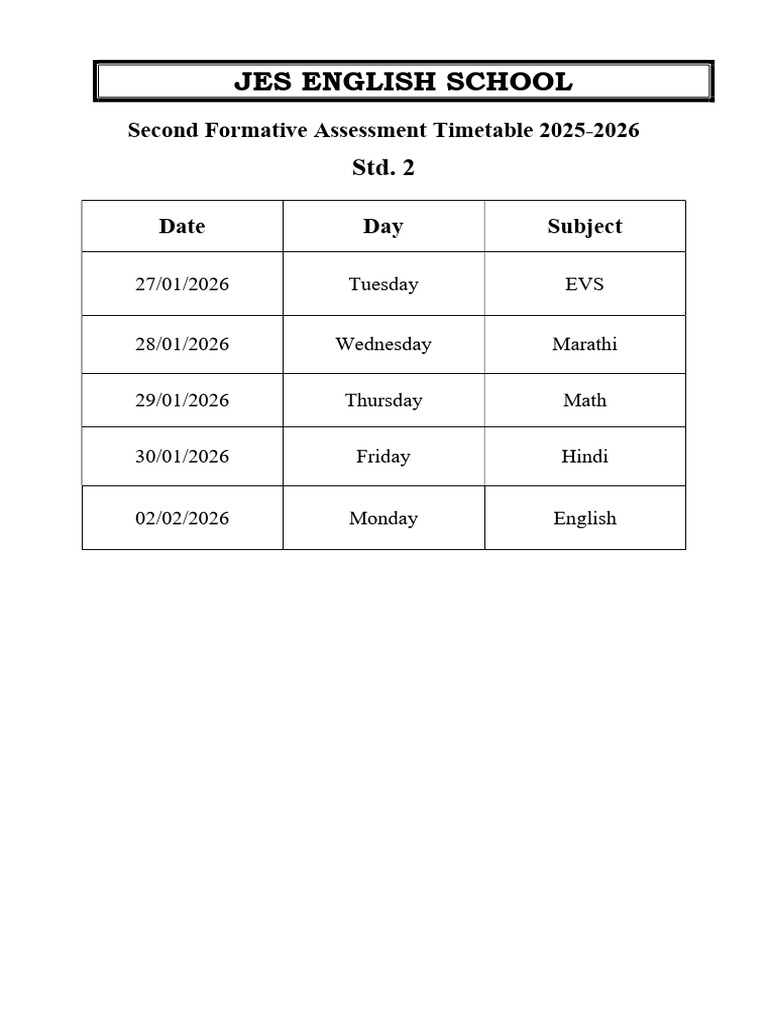 2nd STD 2nd Formative Assessment Timetable 25-26 | PDF