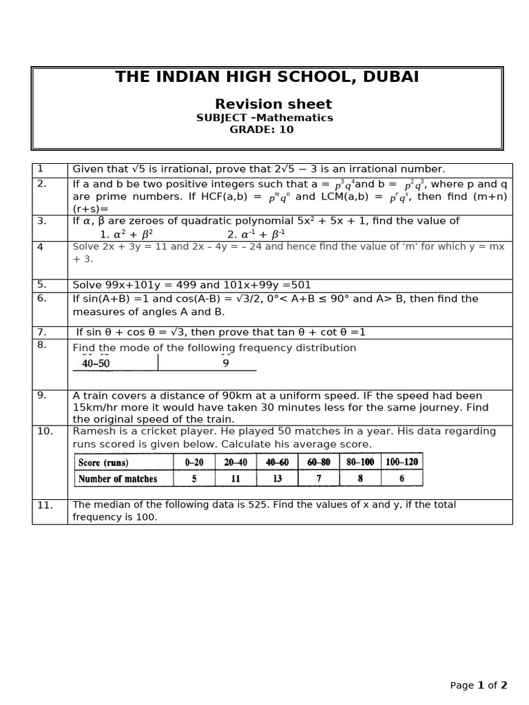 Revision Sheet -Grade 10 (1) 1 | PDF