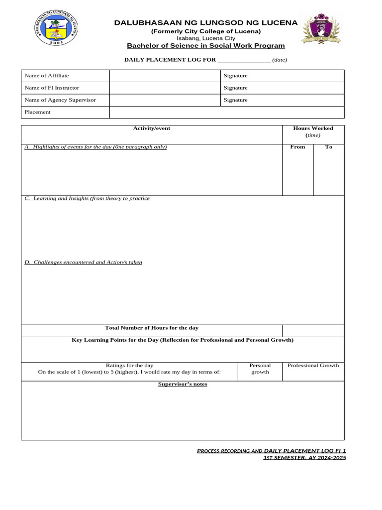 Fi 1 Daily Placement Log Ang Process Recording Combined 2 | PDF
