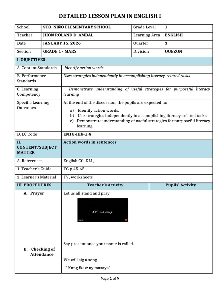 Detailed Lesson Plan in English 1 Q3 W3 | PDF | Lesson Plan | Linguistics