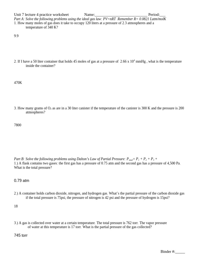Copy of Ideal Gas Law and Dalton's Law of Partial Pressure | PDF
