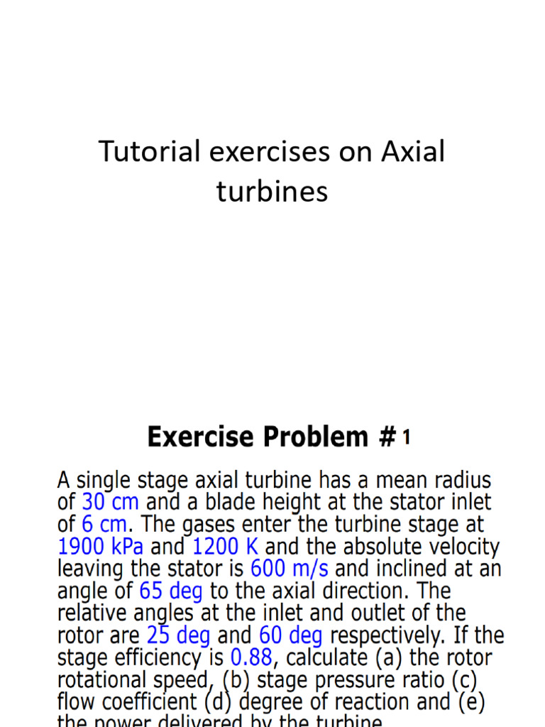 Tutorial Exercises On Axial Turbines | PDF