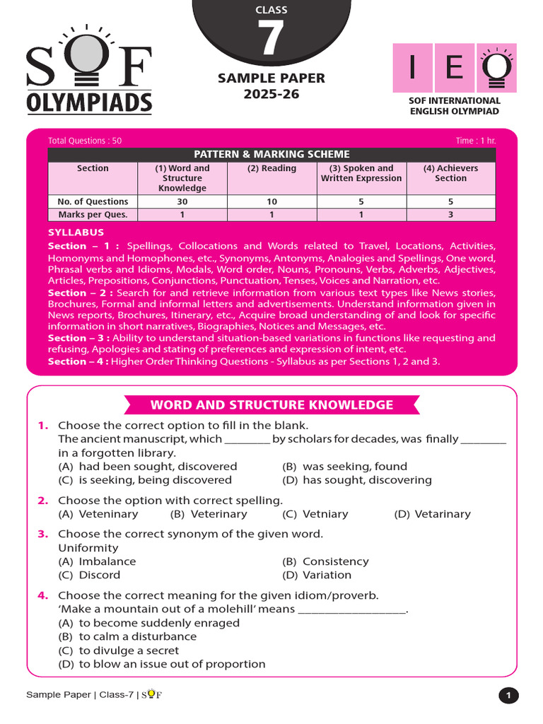 Ieo Sample Paper Class-7 | PDF | Verb | Word