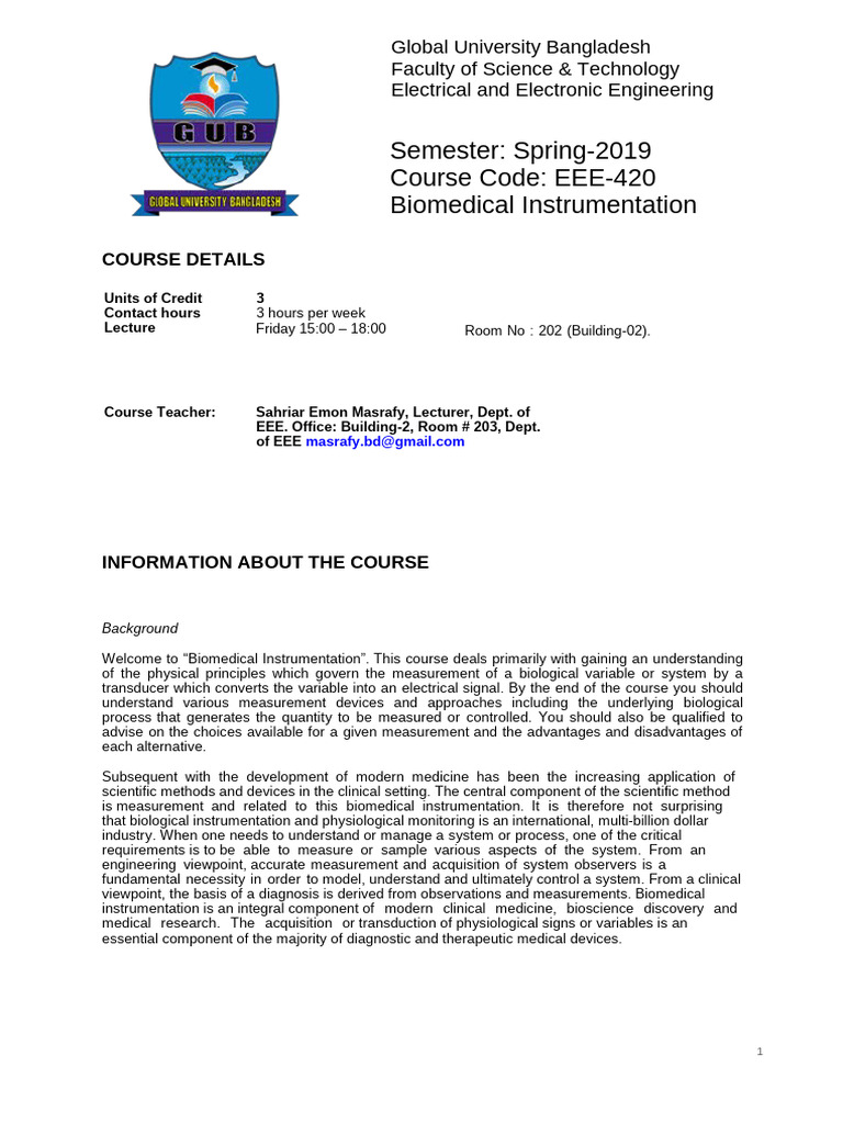 Biomedical Instrumentation Course Outline | PDF | Sensor | Instrumentation