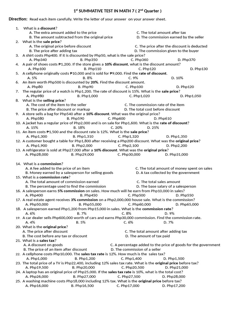 1st Summative Test in Math 7- 2ndq | PDF | Sales | Prices