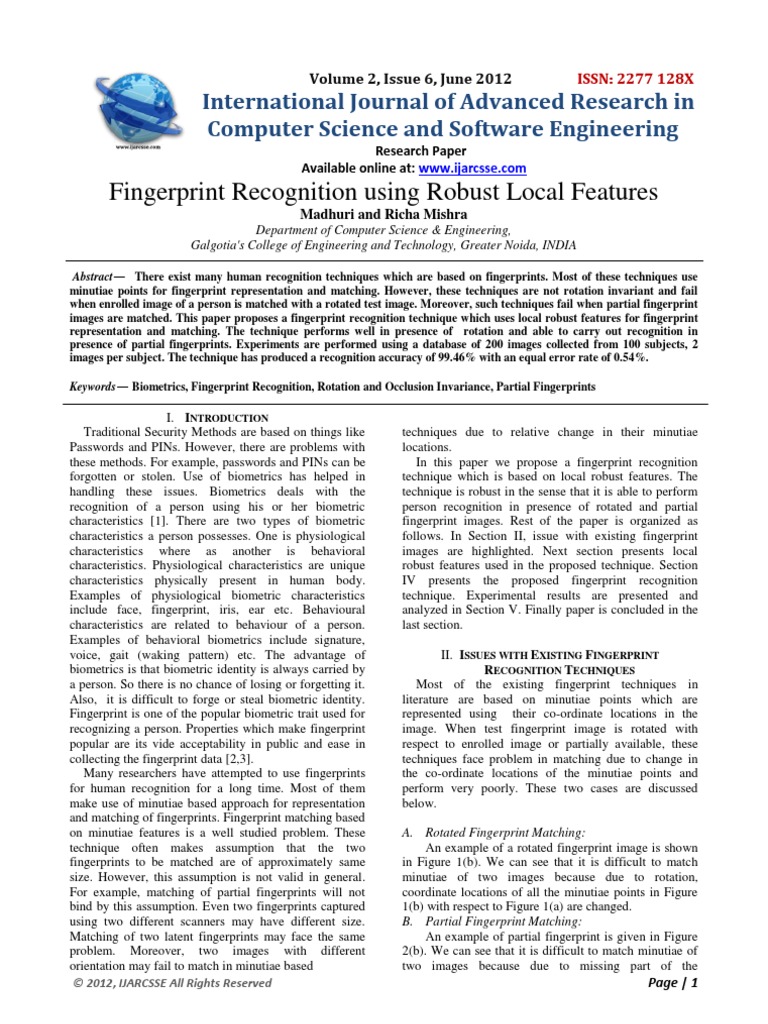 Fingerprint Recognition Using Robust Local Features | PDF | Areas Of Computer Science | Teaching ...