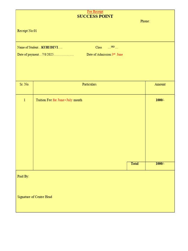 Success Point: Phone: Receipt No.01 | PDF