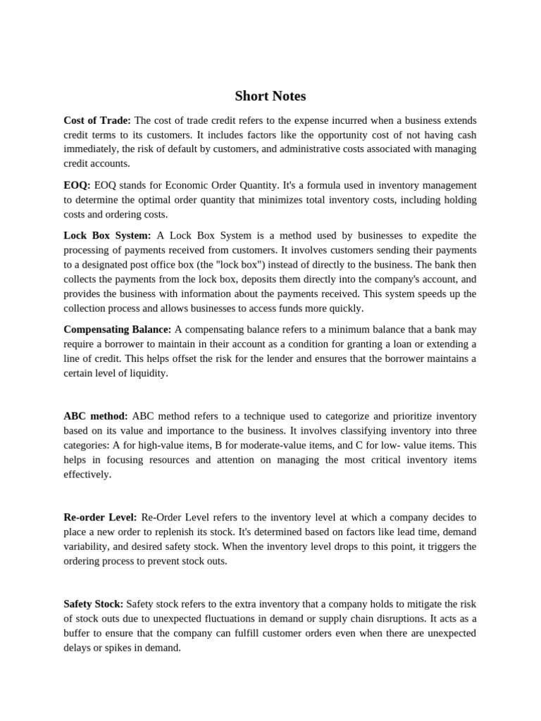 Short Notes Working Capital | PDF