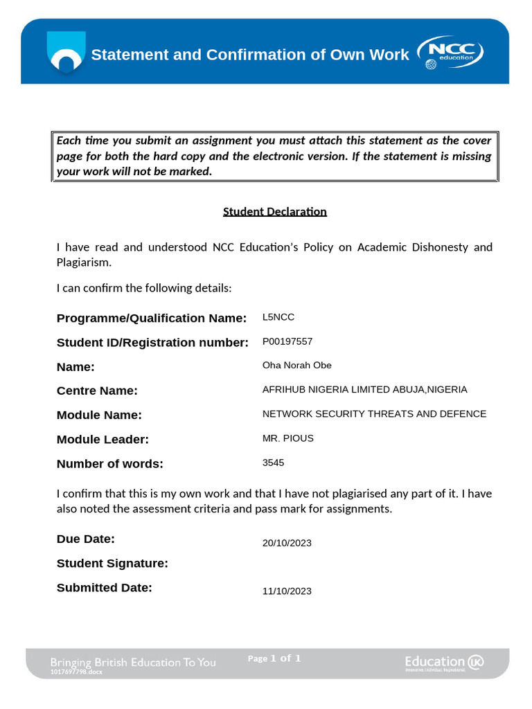 OHA NORAH OBE Statement and Confirmation of Own Work 1 Copy | PDF