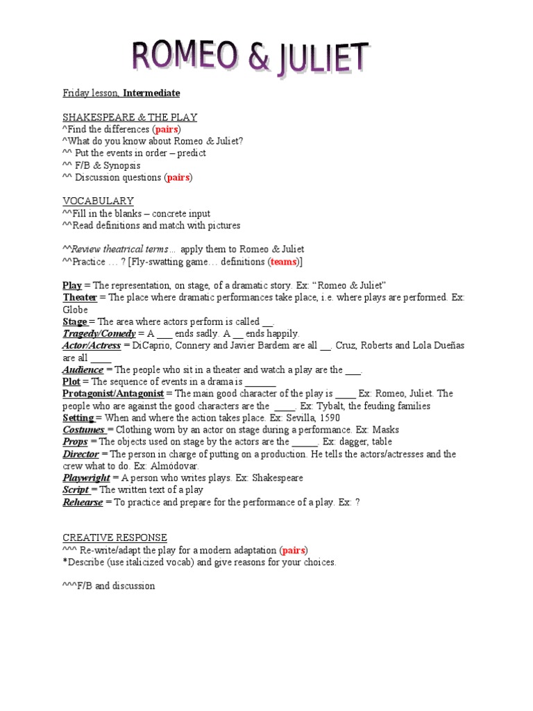 ESL Lesson: Romeo & Juliet | PDF | Characters In Romeo And Juliet | Theatre
