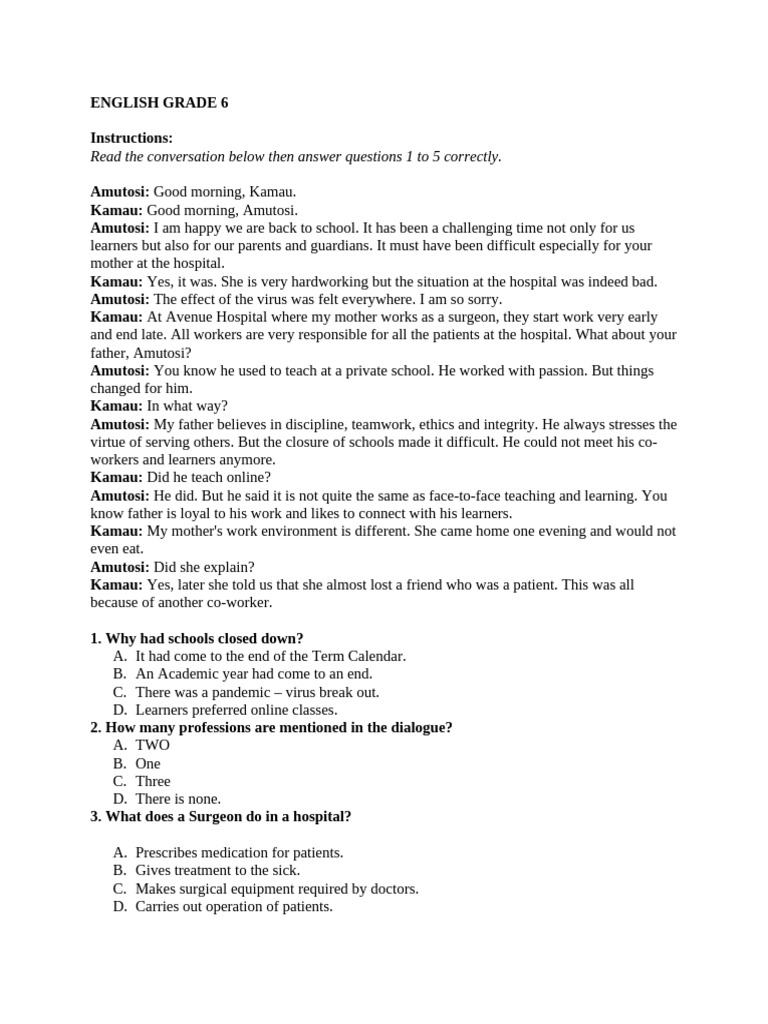 English Grade 6 Grade 6 August 2 2025 | PDF