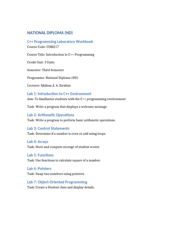 COM217 CPP Lab Workbook | PDF