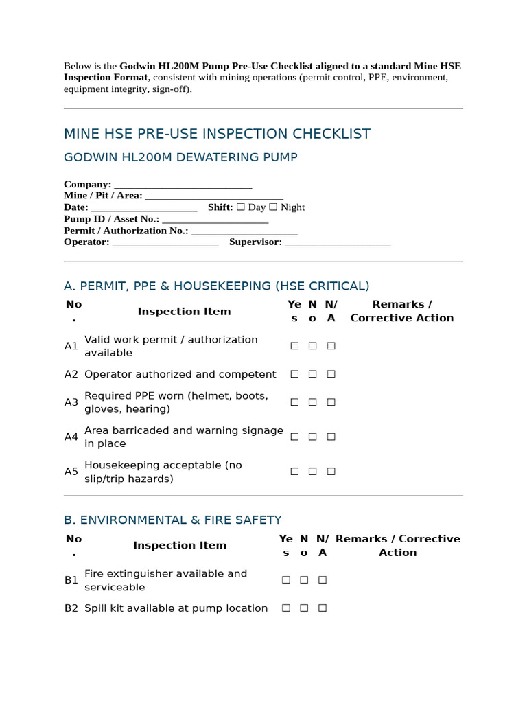 Water Pump Pre Use Checklist - Action B | PDF | Personal Protective ...
