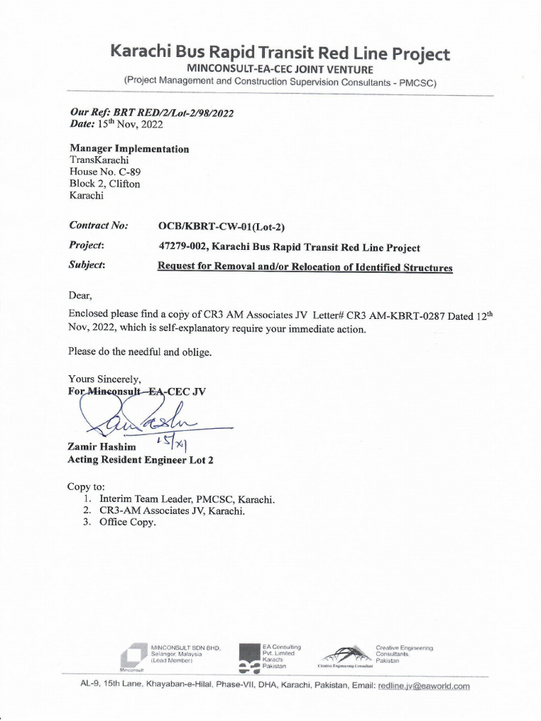 Letter No. 98 Request for Removal and-Or Relocation of Identified ...
