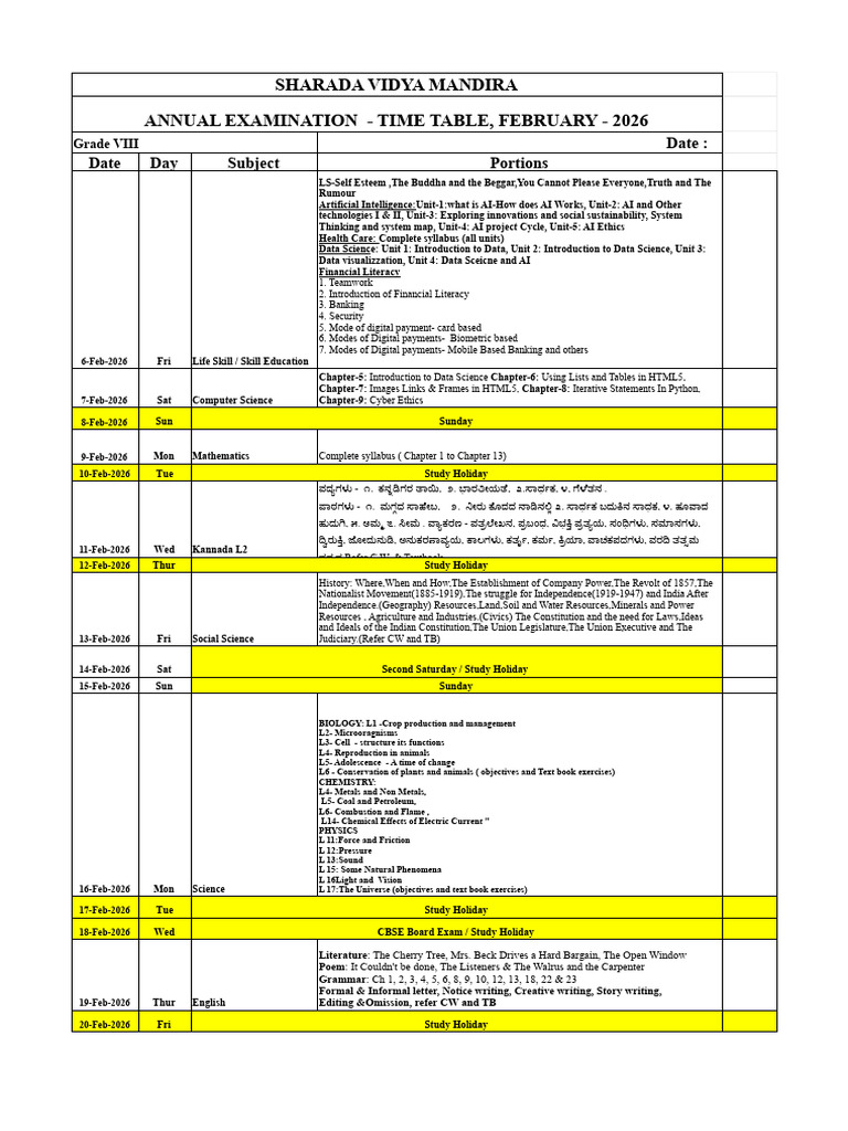 G08 Test - Exam - Timetable & Portions - 2025-26 - Kan L2 - AE | PDF