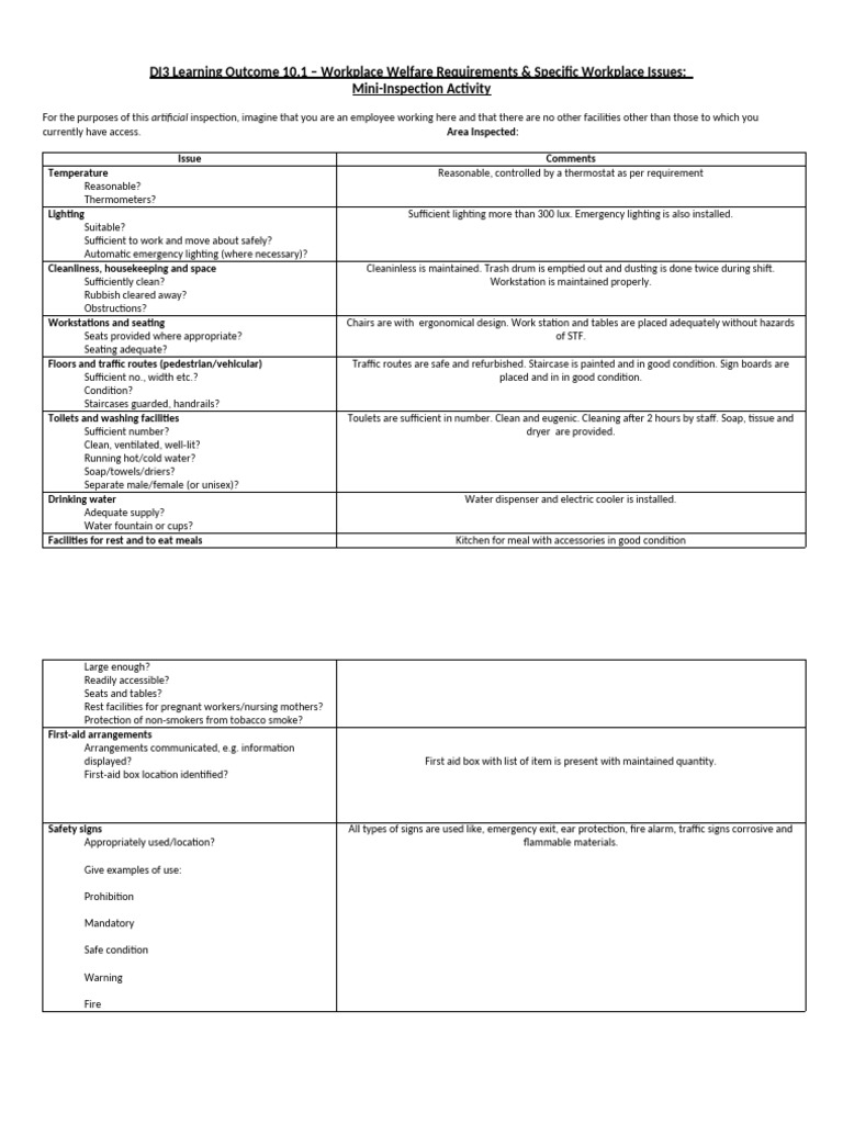 Workplace Inspection Activity | PDF | Lighting | Housekeeping
