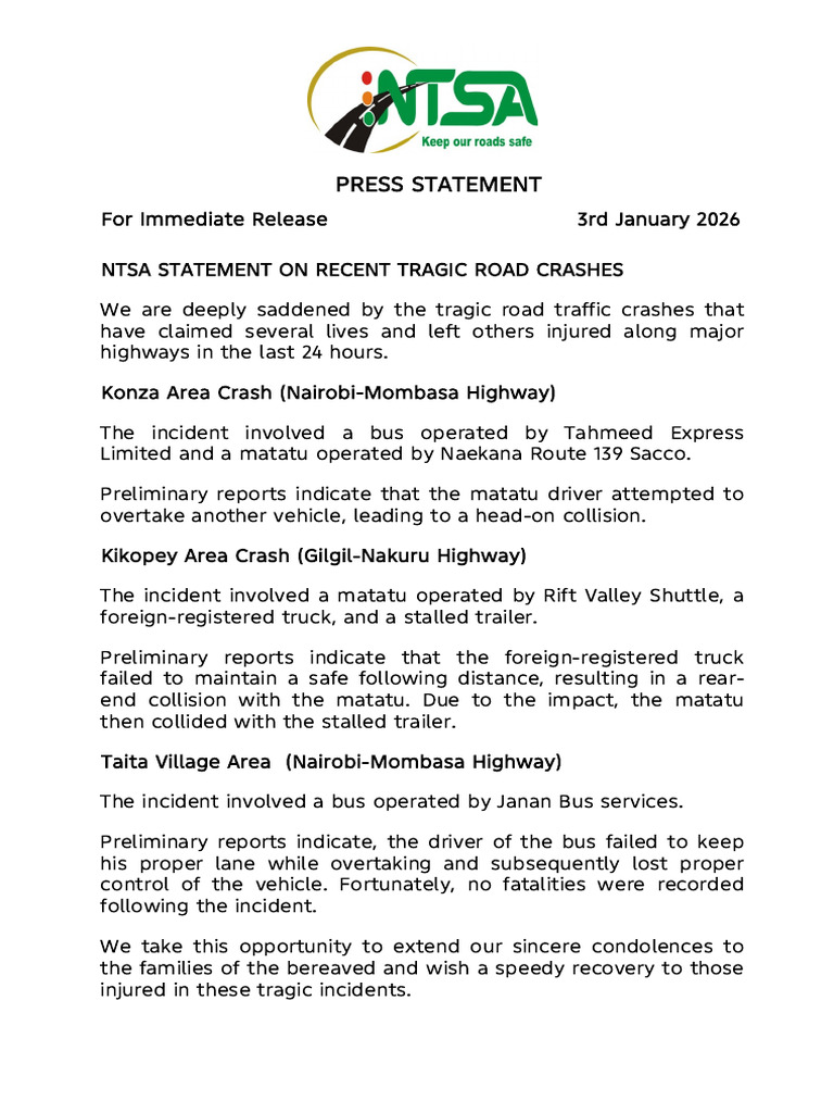 NTSA Statement 3rd Jan 2026 | PDF