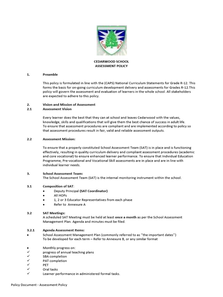 Assessment Policy Cedarwood School | PDF | Educational Assessment ...
