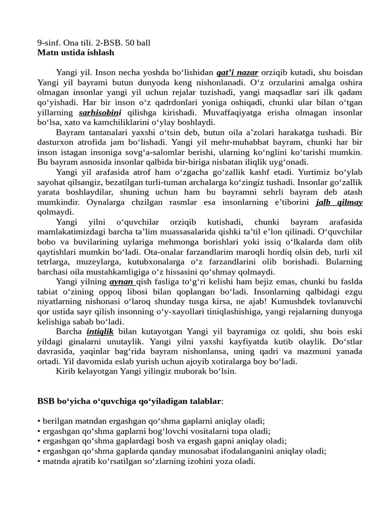 9-Sinf Ona Tili II Chorak 2-BSB | PDF