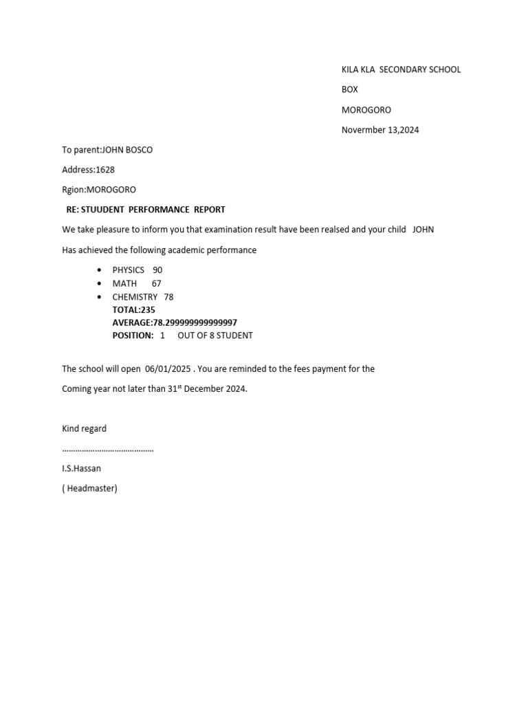 Kila Kla Secondary School Students Results Letter | PDF