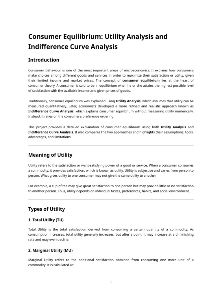 Consumer Equilibrium and Utility Analysis Under Indifference Curve ...