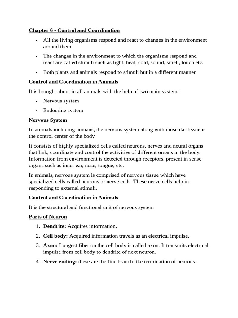 Chapter 6 - Control and Coordination | PDF | Hormone | Nervous System