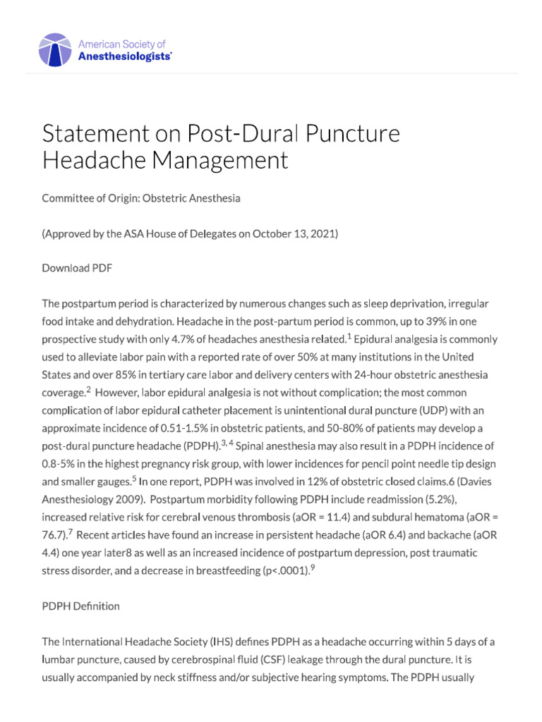 Statement on Post-Dural Puncture Headache Management | PDF